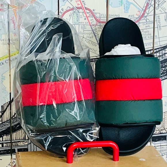 Gucci | Shoes | Gucci Black And Green Slides With Red Stripe | Poshmark